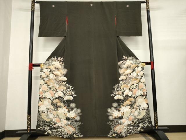平和屋着物●アンティーク　大正ロマン　黒留袖　風景吉祥花文　両褄　正絹　逸品　AABA9800ck