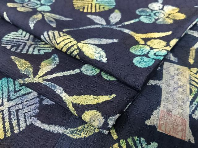 平和屋着物●天然灰汁発酵藍染　古川三郎　小紋　花織　花唐草文　正絹　逸品　AABB0042zg