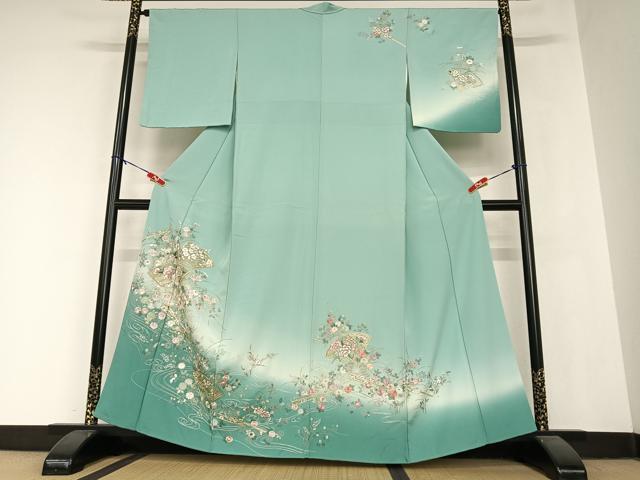 平和屋着物●訪問着　総刺繍　流水舞扇花文　暈し染め　金糸　正絹　逸品　AABB0091zg