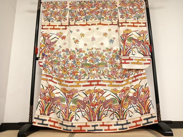 平和屋着物●和染紅型　栗山紅型　栗山吉三郎　振袖　花鳥文　正絹　逸品　AABB0123zg