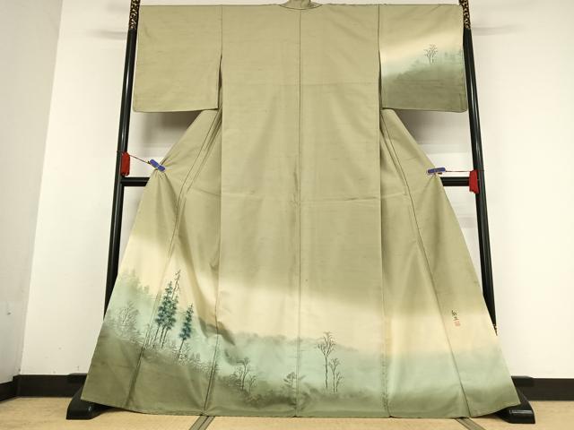 平和屋着物●白山紬　訪問着　峰山和生　京友禅　手描き　樹林文　正絹　逸品　未使用　AABB0146zg