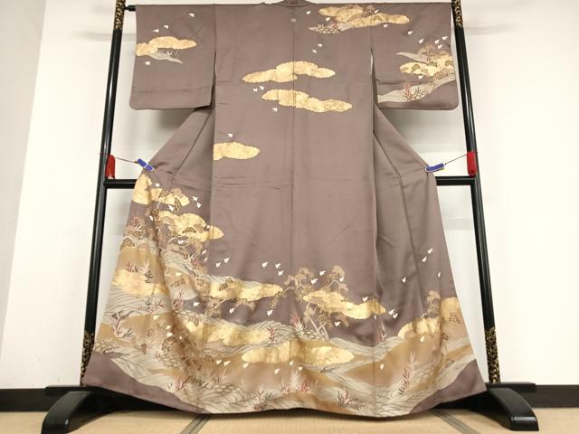 平和屋着物●訪問着　駒刺繍　立波松文　千鳥　金彩　正絹　逸品　AABB0147zg