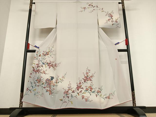 平和屋着物●訪問着　友禅　作家物　枝花に休み鳥　童子　正絹　逸品　AABB0152zg