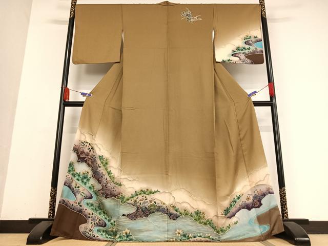 平和屋着物●訪問着　絞り　流水草花文　暈し染め　正絹　逸品　AABB0168zg