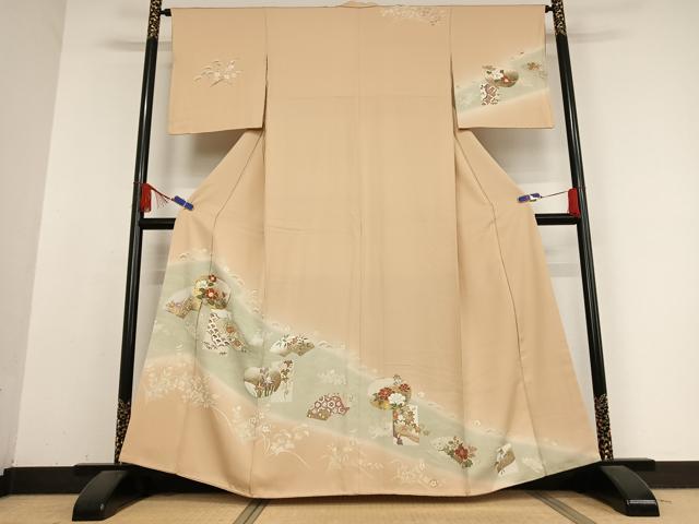 平和屋着物●訪問着　駒刺繍　立波地紙花文　暈し染め　金彩　正絹　逸品　AABB0179zg