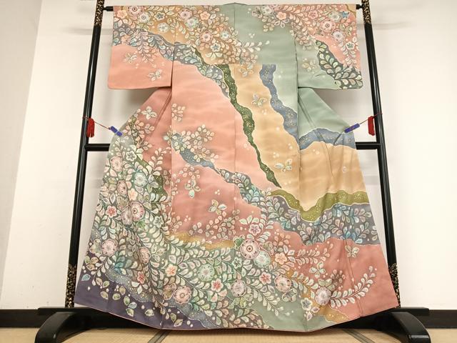 平和屋着物●越後十日町の一流染匠　桐屋・翠山工房　訪問着　辻が花　絞り　暈し染め　金彩　銀通し地　正絹　逸品　AABB0200zg