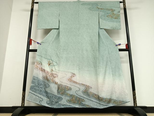 平和屋着物●訪問着　絞り　刺繍　流水草花文　暈し染め　金彩　正絹　逸品　AABB0202zg