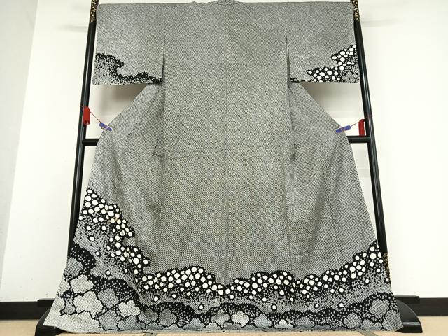 平和屋着物●訪問着　駒刺繍　絞り　舞花文　黒地　さが美扱い　ロング丈　正絹　逸品　未使用　AABB0214zg