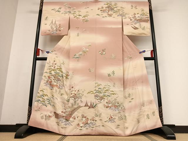 平和屋着物●訪問着　駒刺繍　松竹梅風景文　暈し染め　金彩　正絹　逸品　AABB0236zg