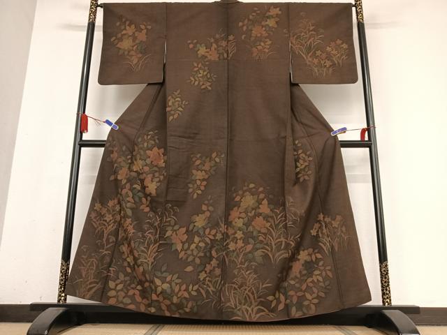 平和屋着物●訪問着　紬地　刺繍　ろうけつ染め　草花文　正絹　逸品　AABB0238zg