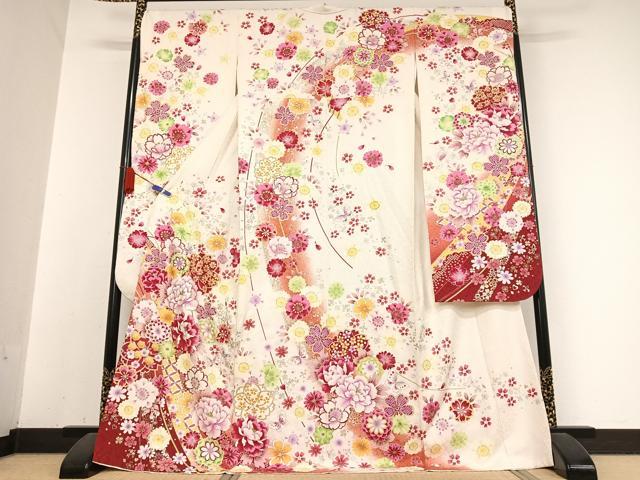 平和屋着物●豪華振袖　刺繍　花蝶文　暈し染め　銀通し地　正絹　逸品　AABB0256zg