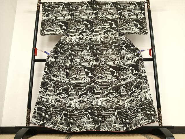 平和屋着物●訪問着　型染め　風景文　正絹　逸品　AABB0277zg