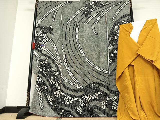 平和屋着物●豪華振袖・長襦袢(無双仕立て)セット　総絞り　舞花文　黒地　正絹　逸品　AABB0293zg