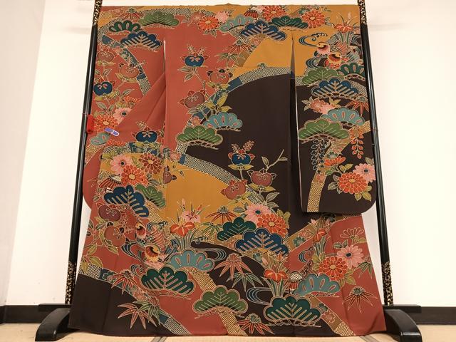 平和屋着物●紅型　振袖　鴛鴦花松文　正絹　逸品　AABB0299zg