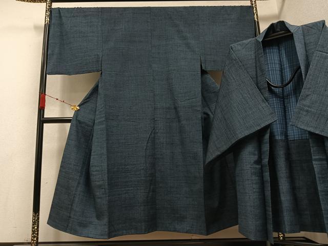 平和屋着物●男性　紬　アンサンブル　色無地　鉄御納戸色　正絹　逸品　AABB0396ph