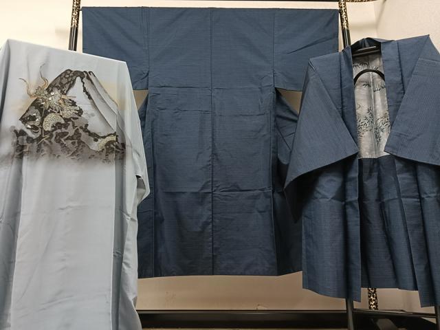 平和屋着物●男性　本場大島紬　アンサンブル　長襦袢(袷)セット　格子　正絹　逸品　AABB0400ph