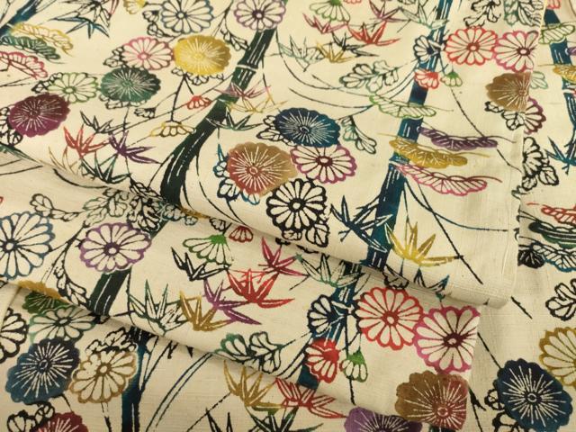 平和屋着物●上質な小紋　紬地　型染め　松竹　草花文　正絹　逸品　AABB0464ck