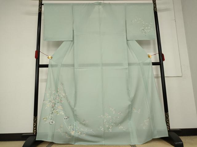 平和屋着物＊夏物　訪問着　絽　枝花文　銀彩　正絹　逸品　AABB0483st