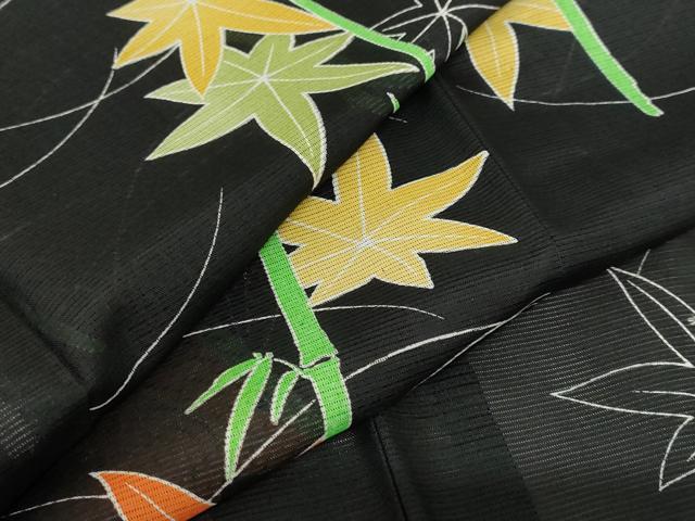 平和屋着物＊夏物　小紋　絽　楓　黒地　洗える着物　AABB0492st