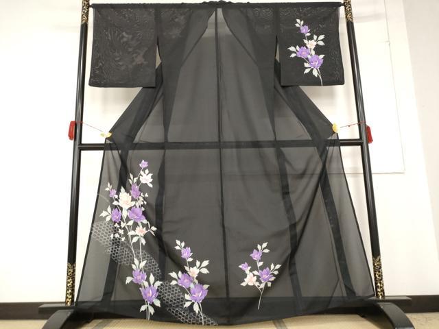 平和屋着物＊夏物　訪問着　絽　草花文　黒地　洗える着物　AABB0502st