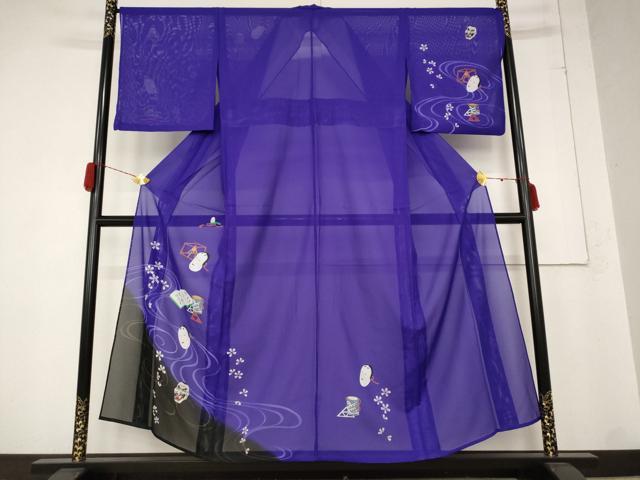 平和屋着物＊夏物　訪問着　絽　おかめ　般若　黒地　洗える着物　AABB0503st