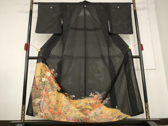 平和屋着物＊夏物　黒留袖　絽　草花文　金彩　洗える着物　AABB0508st