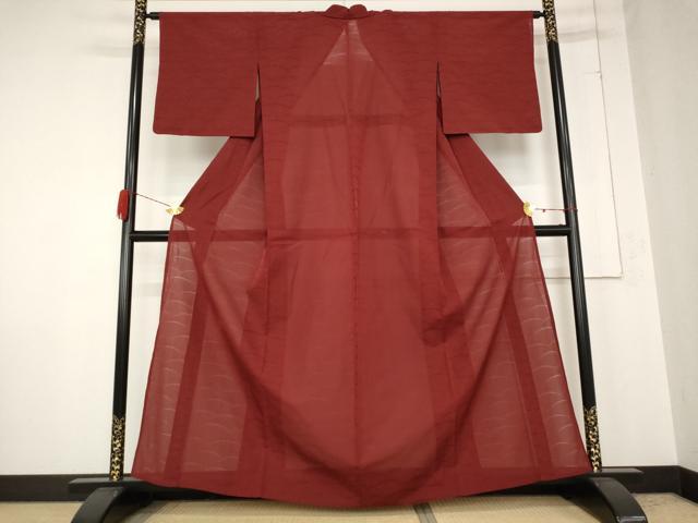 平和屋着物＊夏物　色無地　芝紋紗　茜色　洗える着物　AABB0518st