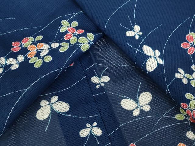 平和屋着物＊夏物　小紋　絽　花蝶文　洗える着物　AABB0607st