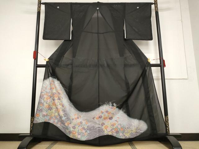 平和屋着物＊夏物　黒留袖　絽　草花文　暈し染め　洗える着物　未使用　AABB0636st