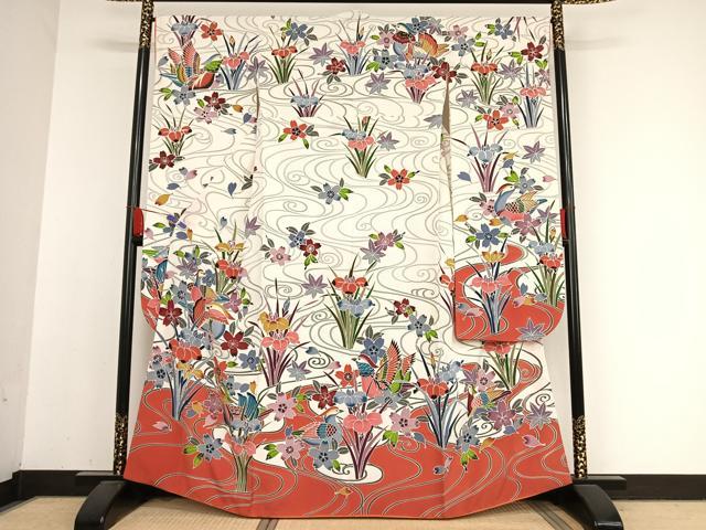 平和屋着物●紅型　振袖　流水鴛鴦文　伊勢丹扱い　正絹　逸品　AABB1306np