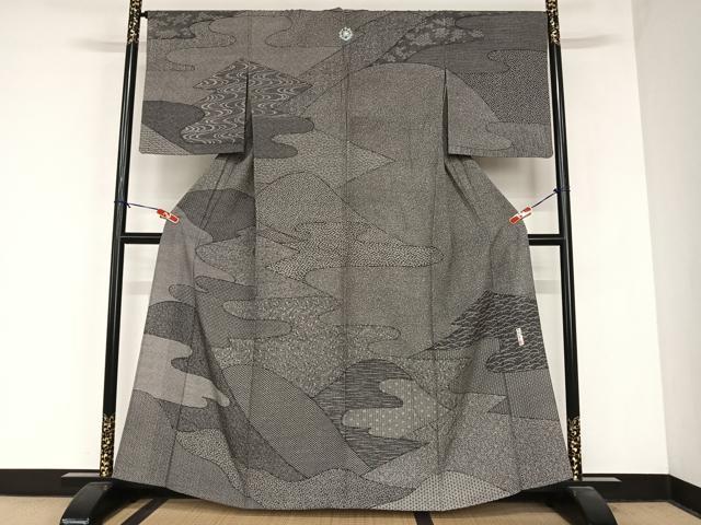 平和屋着物▽重要無形文化財　人間国宝　中村勇二郎　訪問着　国宝訪問着　単衣　寄せ小紋柄　黒地　正絹　逸品　AABB1353np