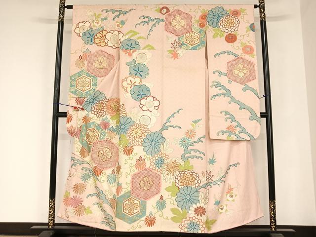 平和屋着物●セミアンティーク　大正ロマン　振袖　駒刺繍　草花文　金糸　金彩　正絹　逸品　AABB1390np