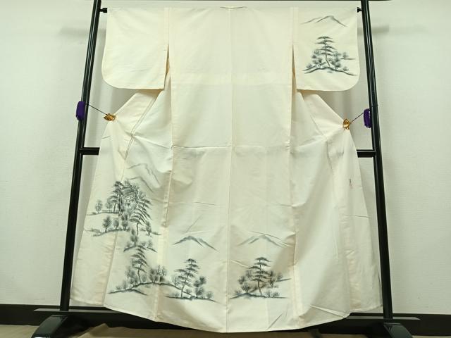 平和屋着物▽訪問着　単衣　作家物　紬地　手書き　風景文　正絹　逸品　AABB1434jh