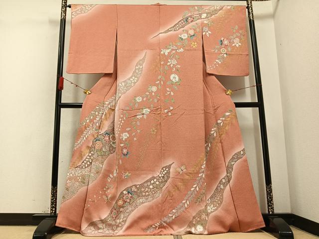 平和屋着物●訪問着　友禅　花蝶文　暈し染め　金銀彩　正絹　逸品　AABB1485ph