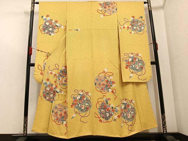 平和屋着物●豪華振袖　駒刺繍　花篭文　金彩　正絹　逸品　AABB1498ph