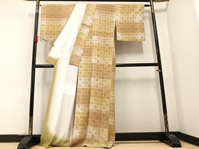 平和屋着物○お召 変わり市松文 正絹 逸品 AABB1511ph