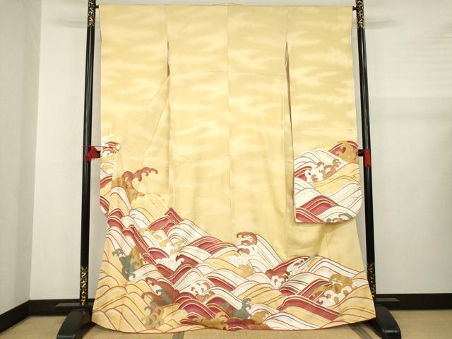 平和屋着物●紫綬褒章　巨匠『岩田専太郎』　振袖　立波文　金彩　正絹　逸品　AABB1989ck