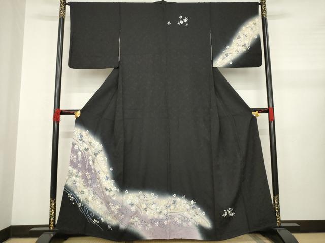 平和屋着物●訪問着　辻が花　流水花文　暈し染め　黒地　金彩　正絹　逸品　AABB2019ck