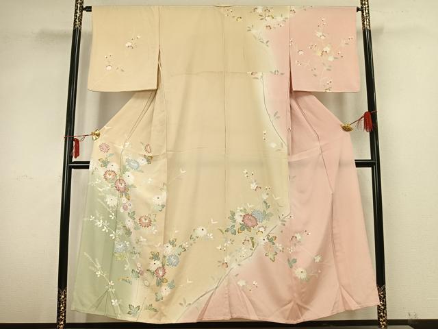 平和屋着物▽訪問着　単衣　枝花文　暈し染め　正絹　逸品　AABB2041fy