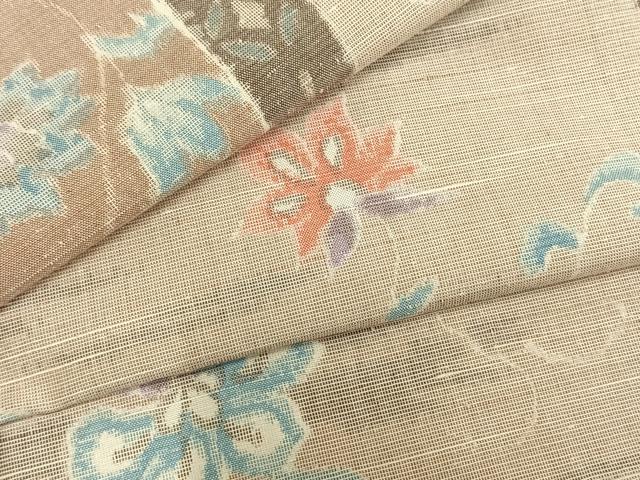 平和屋着物▽上質な紬　単衣　花唐草間道　正絹　逸品　AABB2123fy