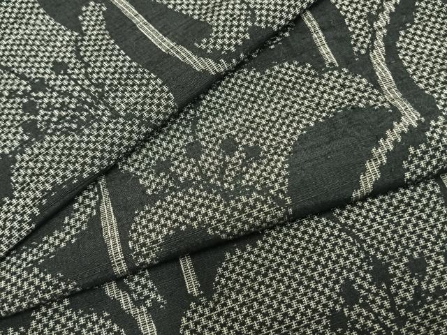 平和屋着物▽上質な紬　単衣　草花文　黒地　正絹　逸品　AABB2342fy
