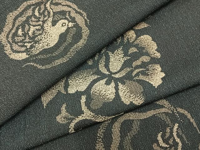 平和屋着物▽お召　単衣　花鳥文　正絹　逸品　AABB2398fy