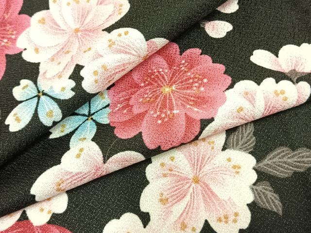 平和屋着物▽小紋　単衣　草花文　黒地　洗える着物　AABB2427fy