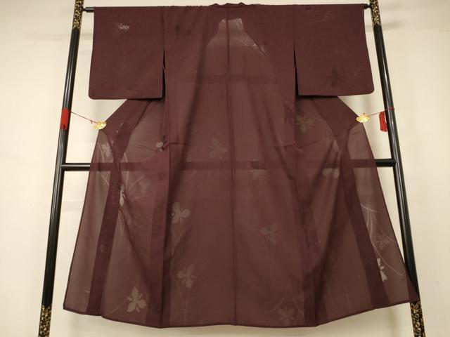 平和屋着物＊夏物　色無地　草葉紋紗　黒鳶色　正絹　逸品　AABB2497jd