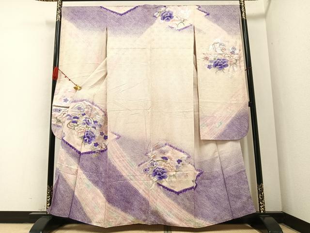 平和屋着物●豪華振袖　駒刺繍　絞り　草花文　暈し染め　銀彩　正絹　逸品　AABB2928ph