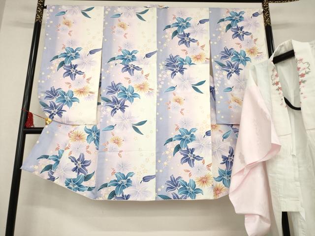 平和屋着物●小振袖　二尺袖　長襦袢セット　無双仕立て　舞花文　暈し染め　洗える着物　未使用　AABB3162ck