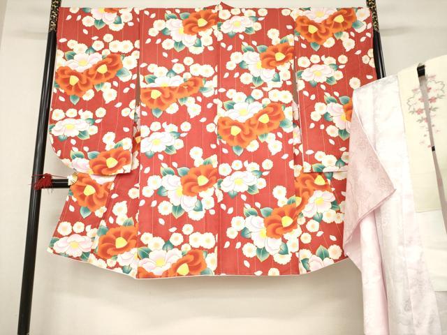 平和屋着物●小振袖　二尺袖　長襦袢セット　無双仕立て　椿　洗える着物　未使用　AABB3163ck