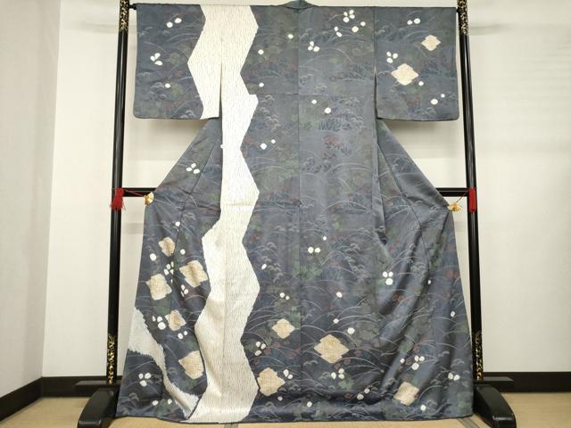 平和屋着物●訪問着　絞り　松皮菱文　ロング丈　正絹　逸品　AABB3187ck