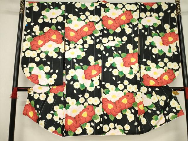 平和屋着物●小振袖　二尺袖　椿　黒地　洗える着物　AABB3206ck