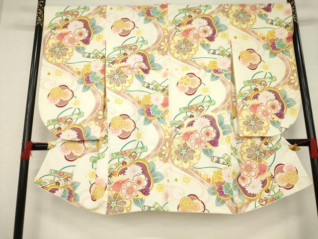 平和屋着物●小振袖　二尺袖　楽器花文　金彩　洗える着物　AABB3219ck